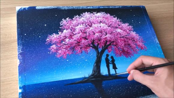 绘画教程,用丙烯颜色和简单的工具画樱花树下的情侣,唯美又浪漫