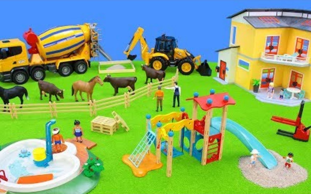 工程车动画:推土车,挖掘机和翻斗车