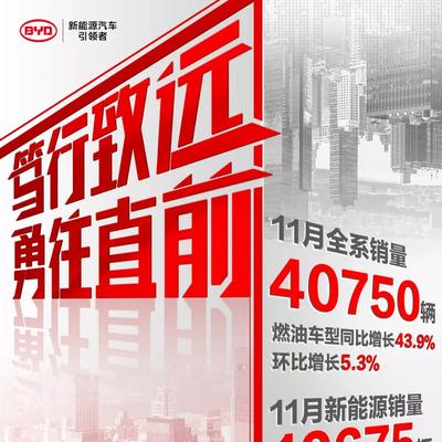 比亚迪11月销量终于迎来曙光,全系11月销量40750辆,环比增长5.3%,...