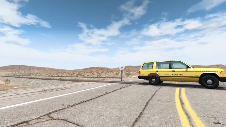 BeamNG:两辆火车高速对撞一辆汽车,瞬间变成铁饼!