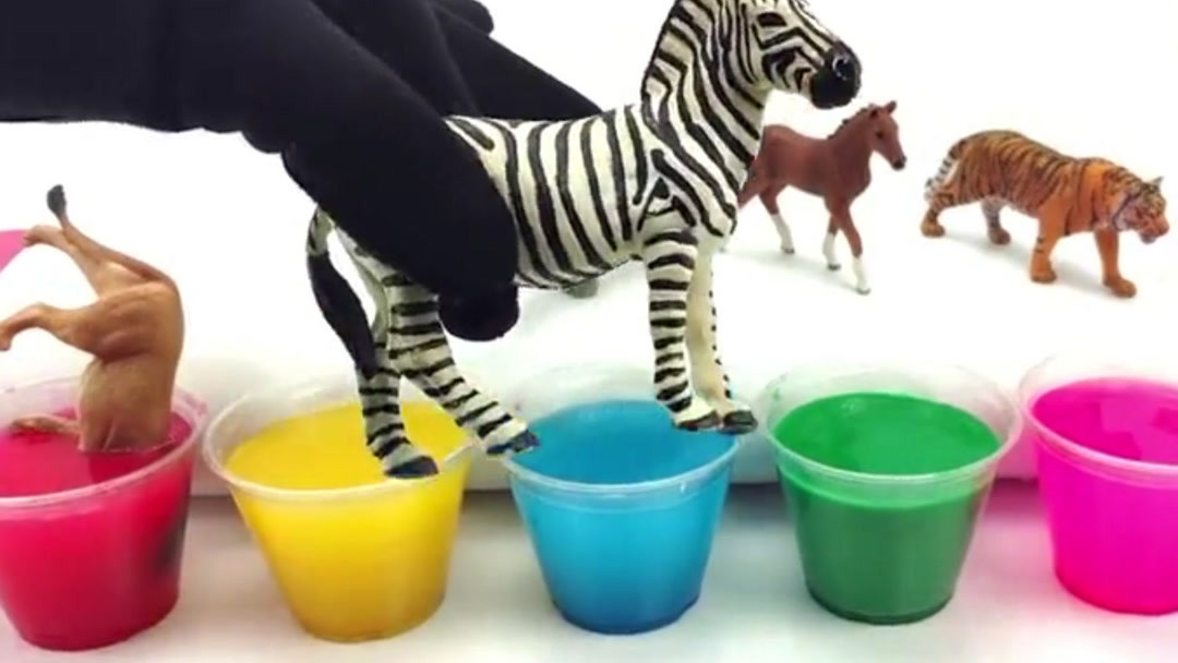 把野生动物玩具放进彩色颜料杯里转换彩珠子,学习颜色和动物名字