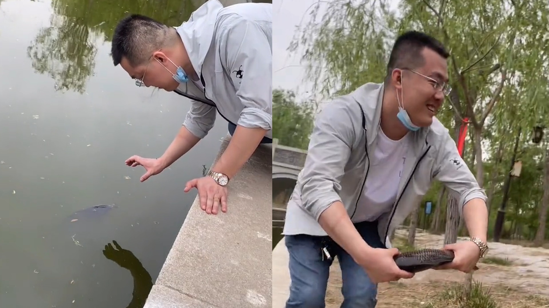 厉害了!男子看见水中"浮鱼"徒手捞了上来,网友:这鱼太佛系