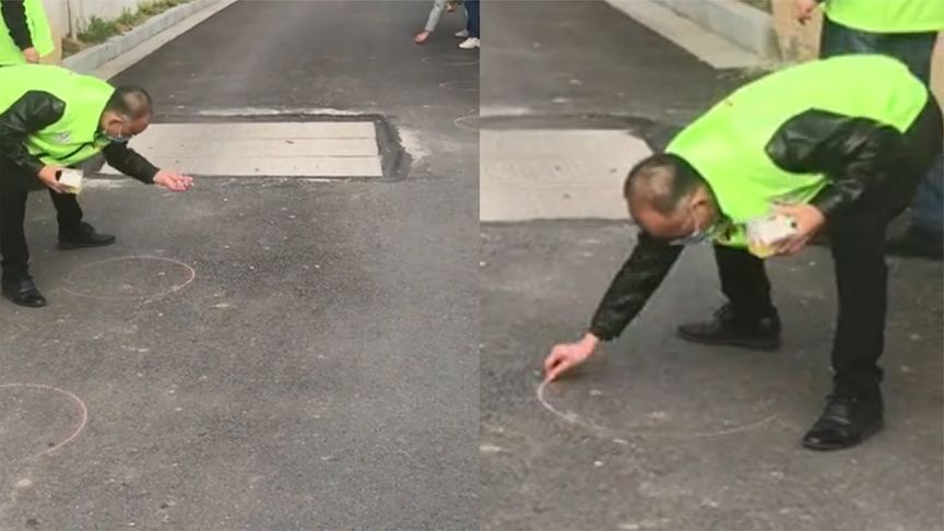 中学老师地面上徒手画圆,精准隔出一米距离,网友:自带“圆规”