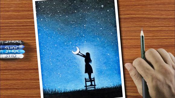 油画月亮和女孩,非常简单初学者也能学会,详细绘画教程