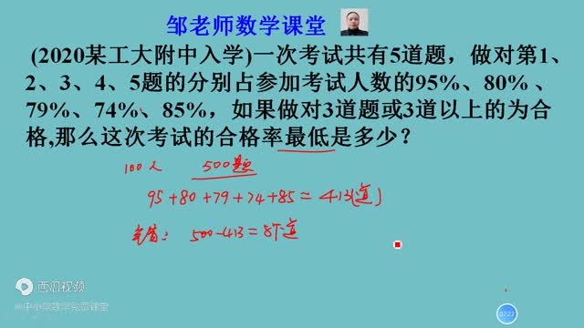 五道题,正确率95,80,79,74,85,对3道合格,最低合格率