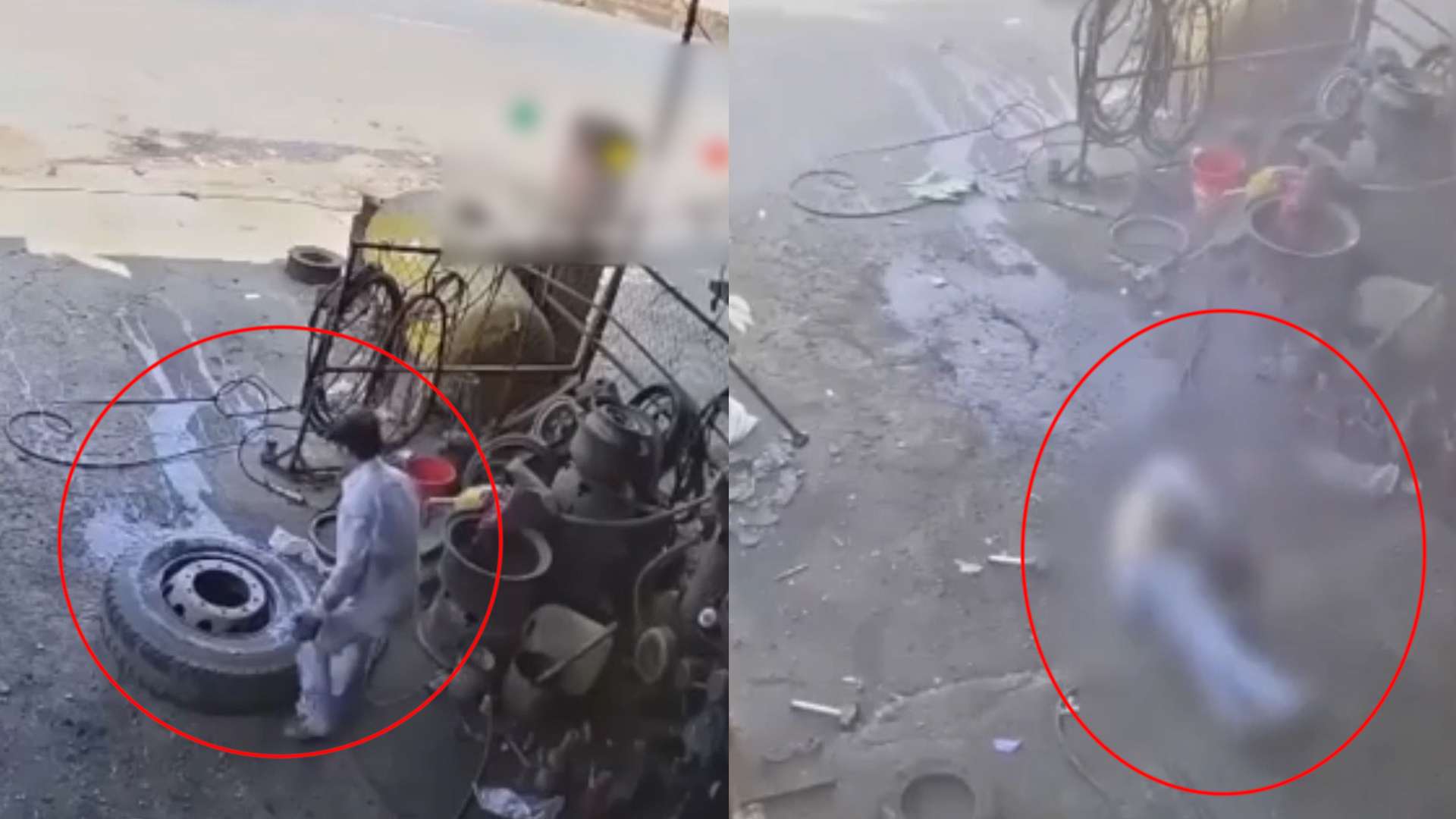工人修补轮胎,下一秒轮胎爆炸瞬间被弹飞,头部遭重击当场身亡
