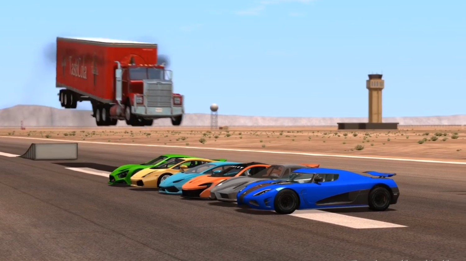 BeamNG:25吨大卡车一跃而过碾压科尼塞克,模拟真实车祸