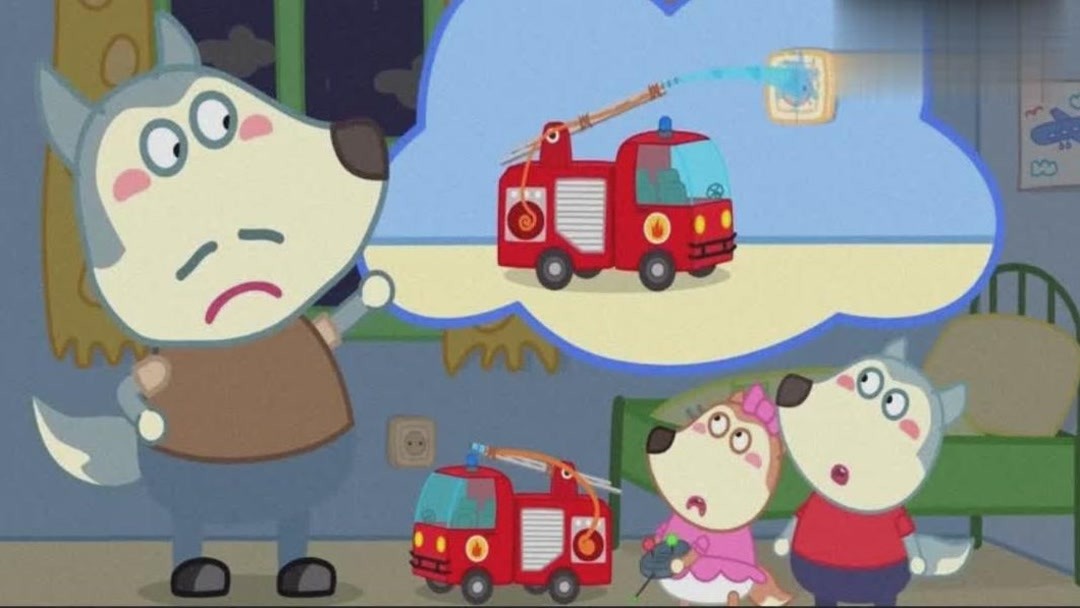 动漫:沃夫用消防车浇插座 容易引发触电 爸爸进行安全教育