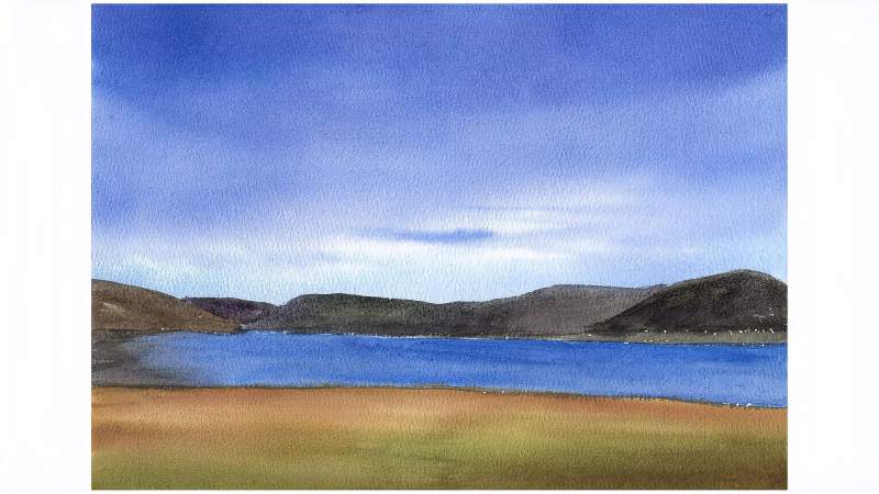 「简单水彩教程」自然风光 三面环山的小湖泊 初学者水彩画教程