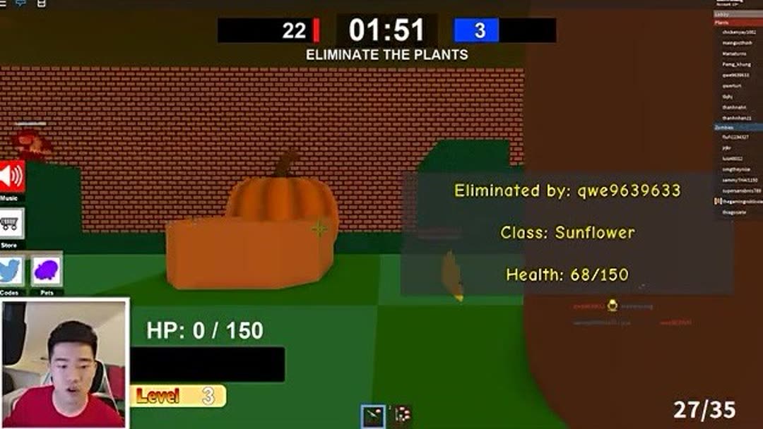 Roblox植物大战僵尸 花园战争模拟器 被向日葵爆笑追杀