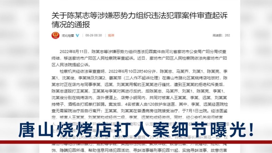 "唐山烧烤店打人案"审查起诉和案件查处工作情况公布