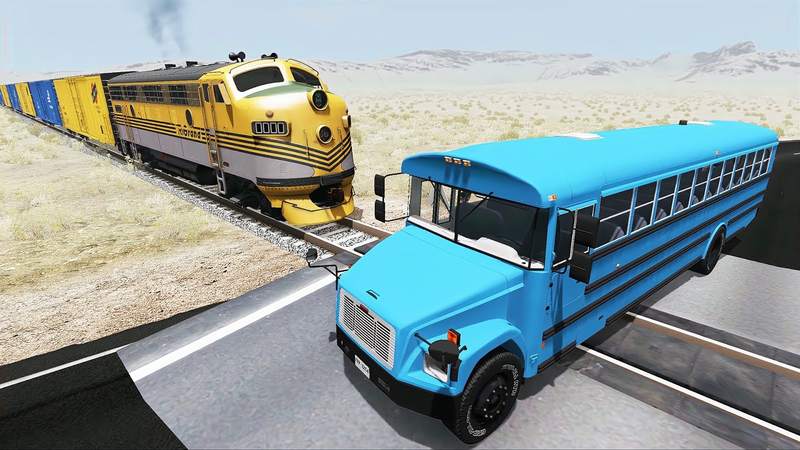 BeamNG:校车轮胎卡在铁轨上,令人满意的火车撞车,火车开过来了