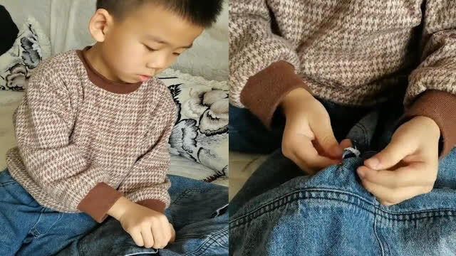 男孩第一次做针线活,拿着舅舅的裤子“一顿乱缝”,结局亮了