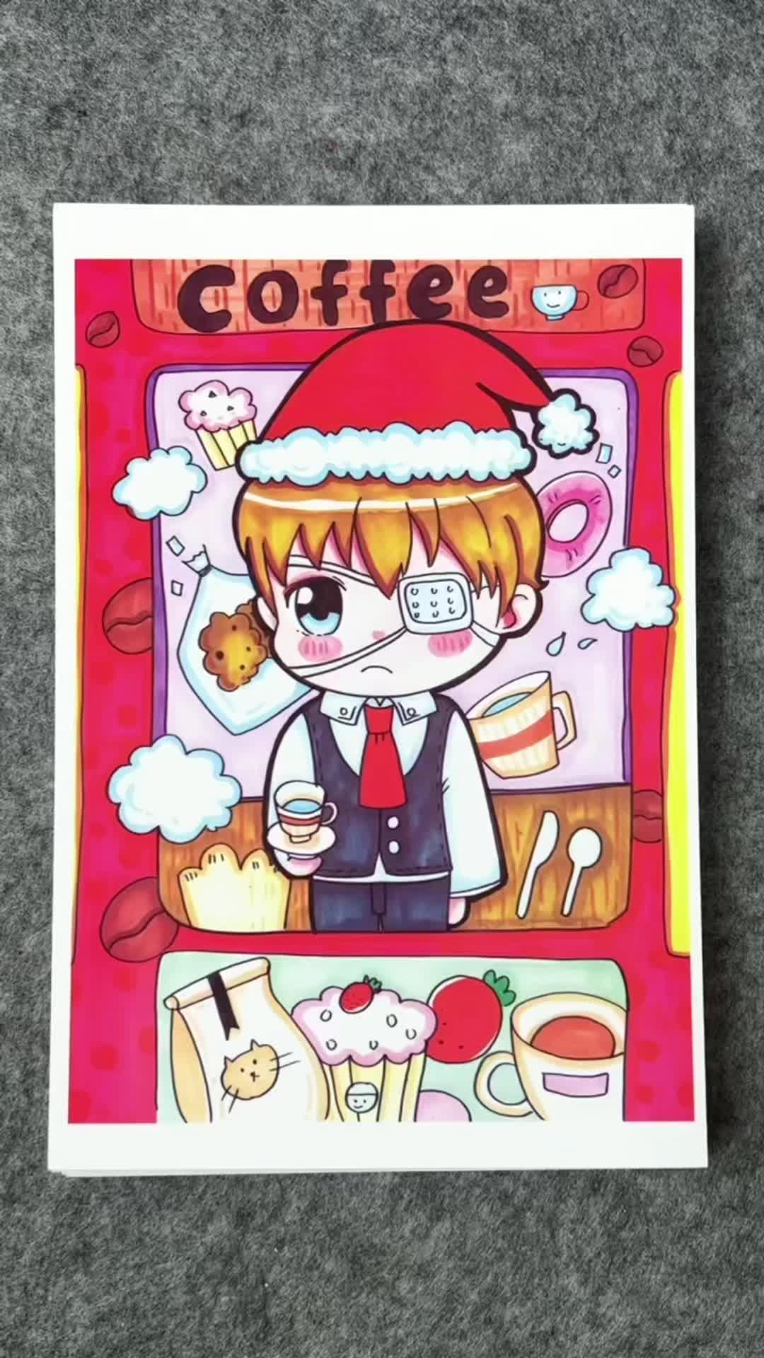 可爱的Q版动漫男生女生绘画作品,背面有黑白线稿,...