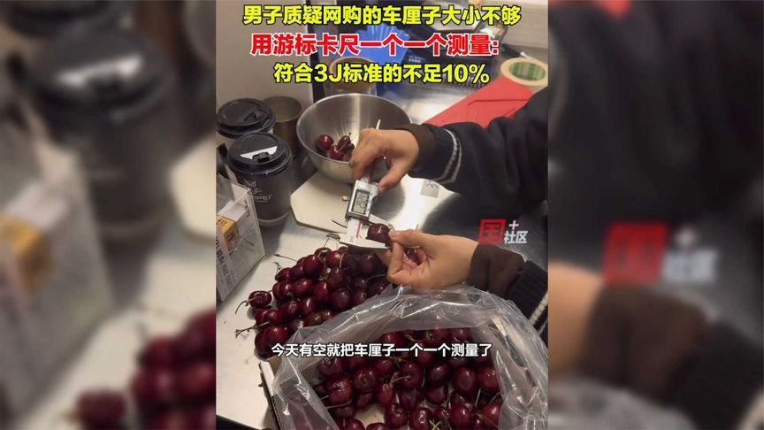 男子质疑网购的车厘子大小不够,用游标卡尺一个个测量并录视频