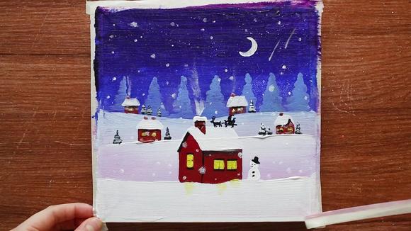 绘画教程,用丙烯颜料和油画棒,画圣诞节房子和小雪人等
