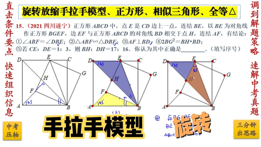 正方形手拉手旋转几何模型,相似三角形,初三九年级热门考题真题