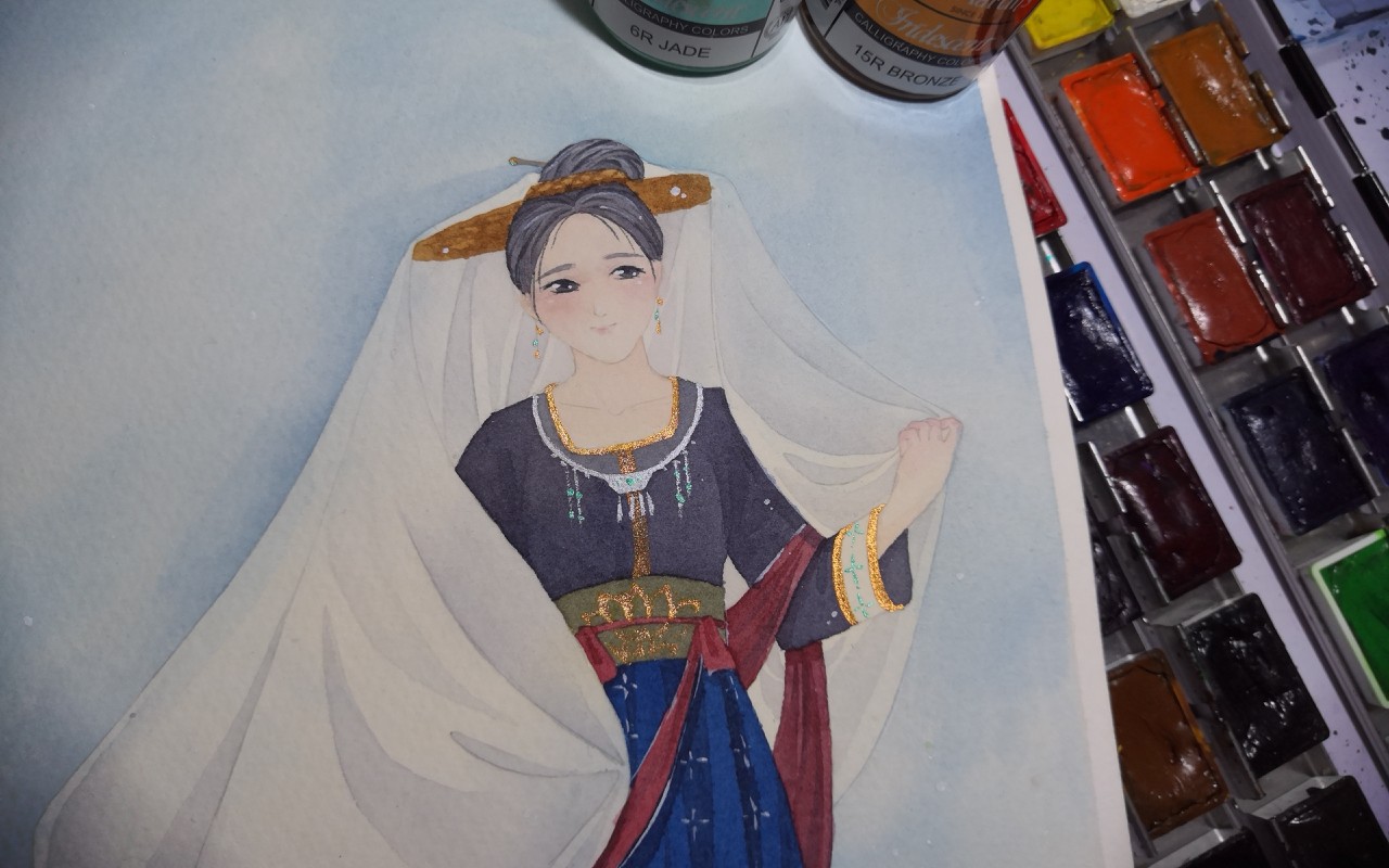 [水彩]汉服小姐姐+纱的画法