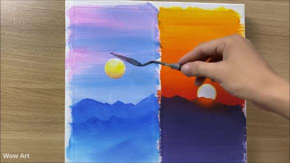 详细绘画教程,用丙烯颜料和简单的工具,画日出和日落