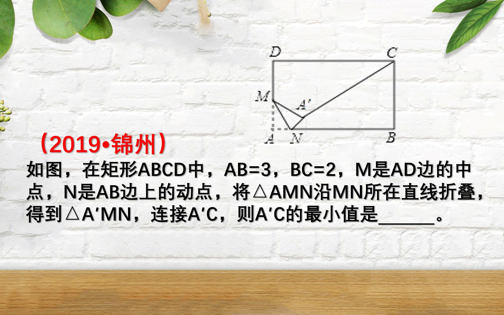 2019中考真题:将△AMN翻折得到△A'MN,如何求A'C的最小值