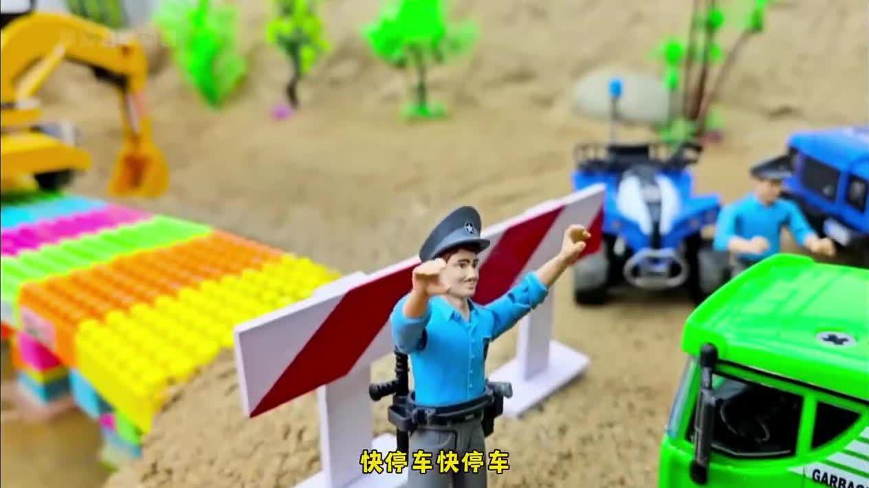 赛车将挖掘机撞进河里了#儿童动画#启蒙动画 #工程车玩具 #工程车...