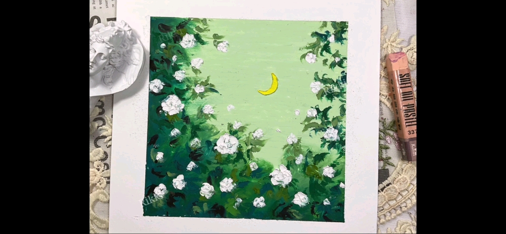 【油画棒教程】立体刮刀堆叠*月空下的白蔷薇