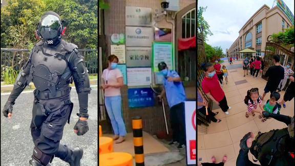 父亲扮未来战士惊喜接儿子,幼儿园保安惊恐,下意识拿起防暴钢叉