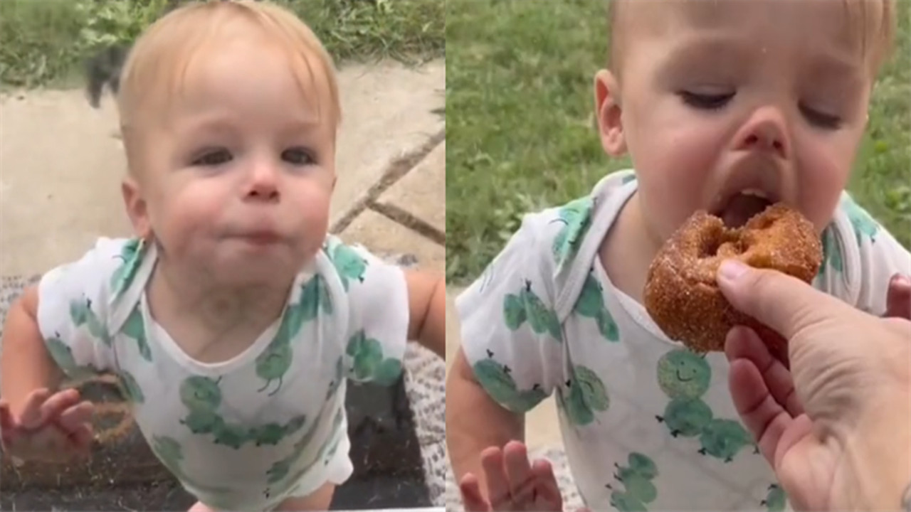 但凡有个幼儿园文凭!妈妈隔门喂甜甜圈,宝宝:看见吃不着真急人