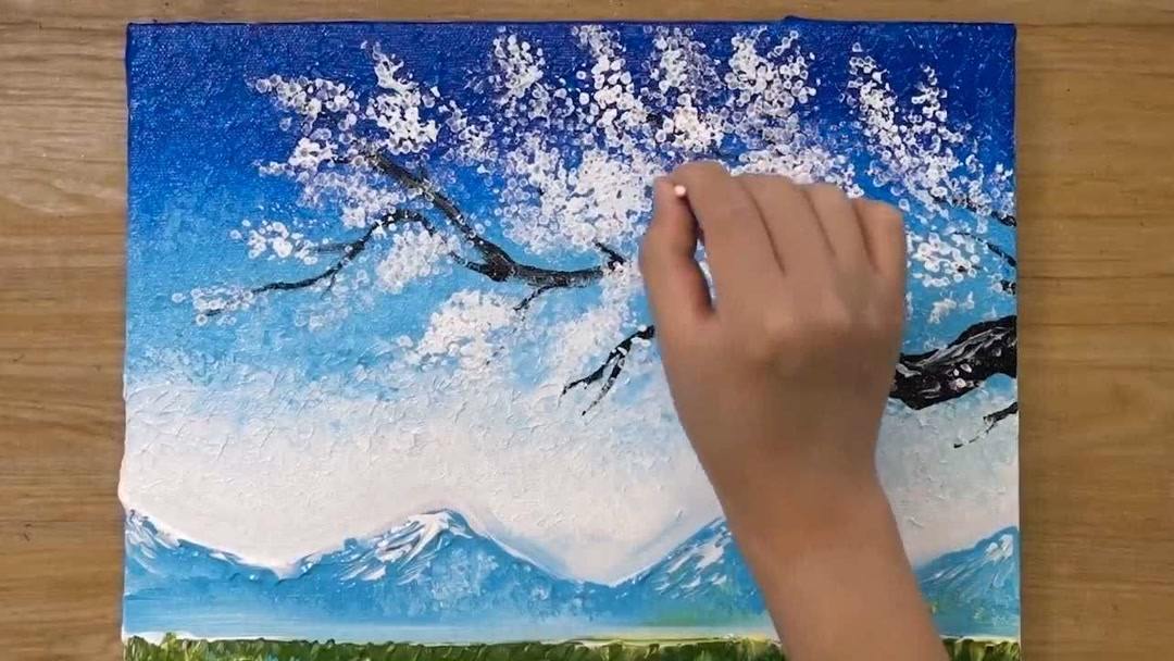 初学者用丙烯画技法画白樱花树