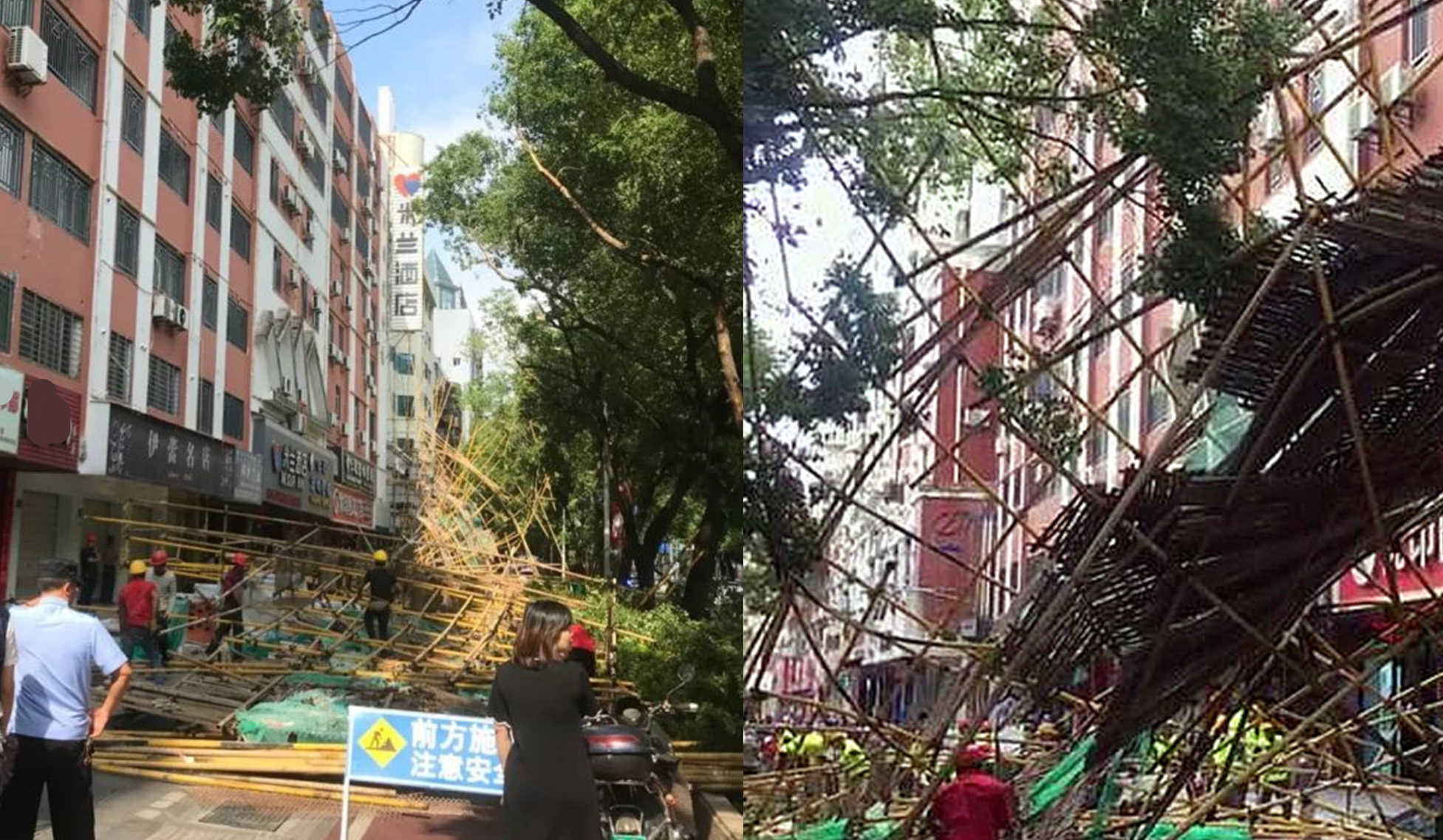 惊险!实拍:福建泉州一脚手架突然倒塌 一名女子被压受伤送医