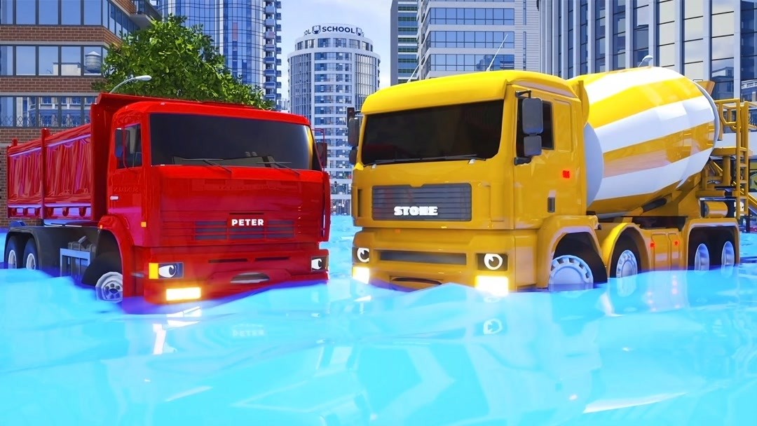 工程车挖掘机动画片 消防车水罐车打扫城镇