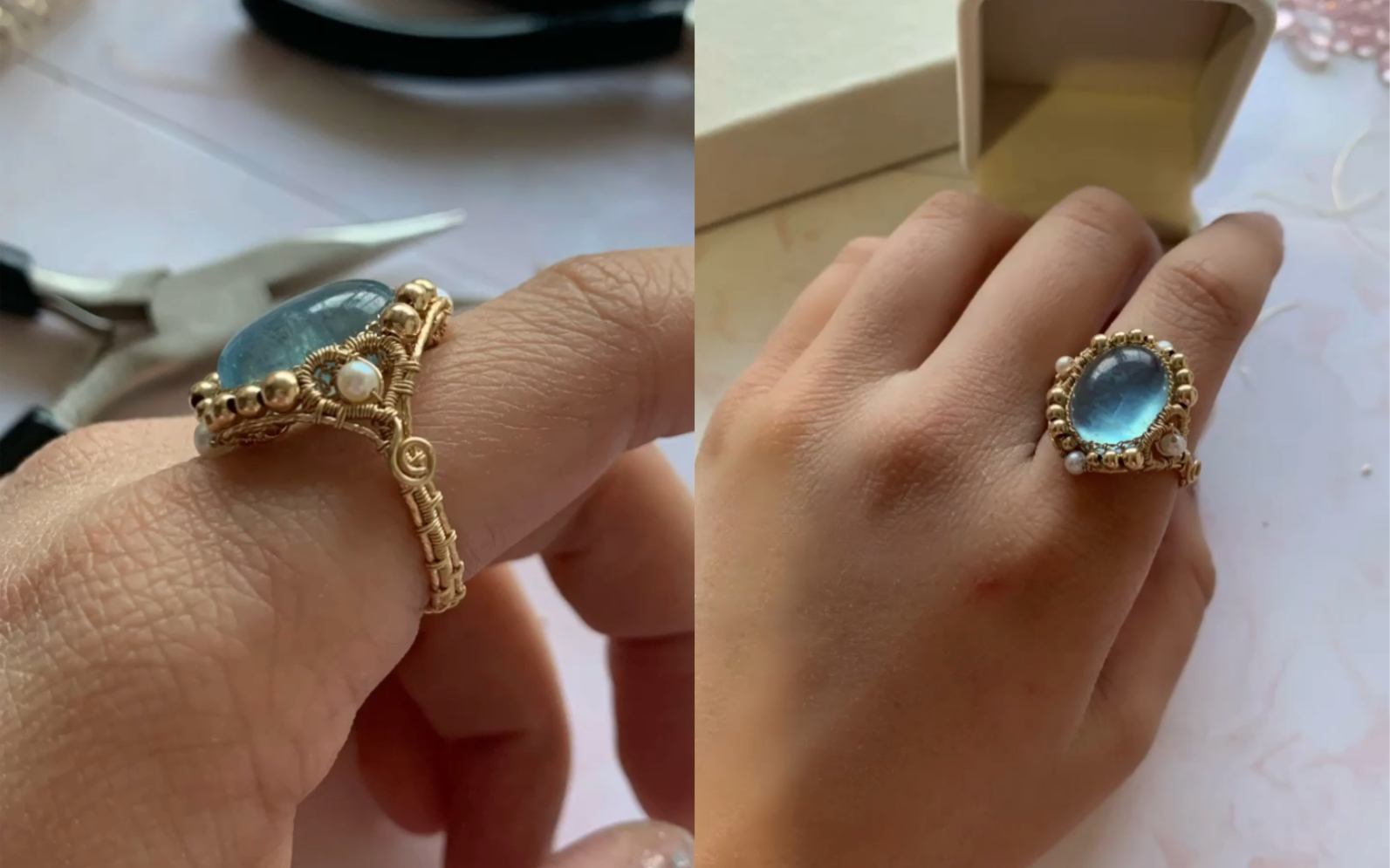 海蓝宝绕线戒指(小奢华～)适合母亲节做一个送妈妈～(具体材料在简介...