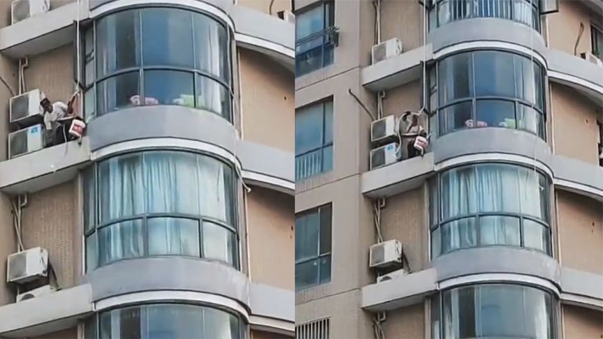 男子高空作业安全绳疑遭人割断,被困3楼外墙呼救,围观群众看懵