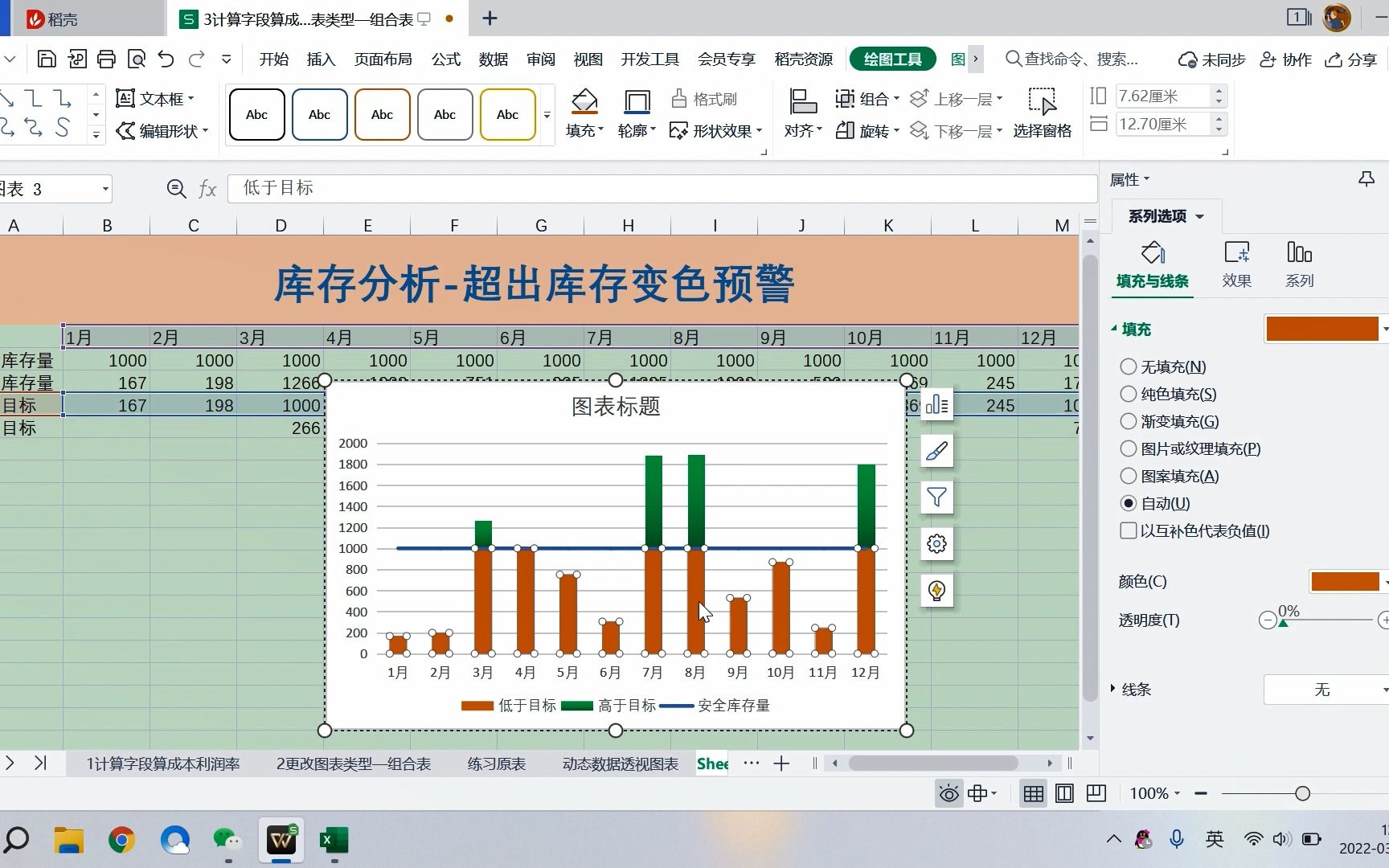 3预警组合图:堆积柱状图+折线图