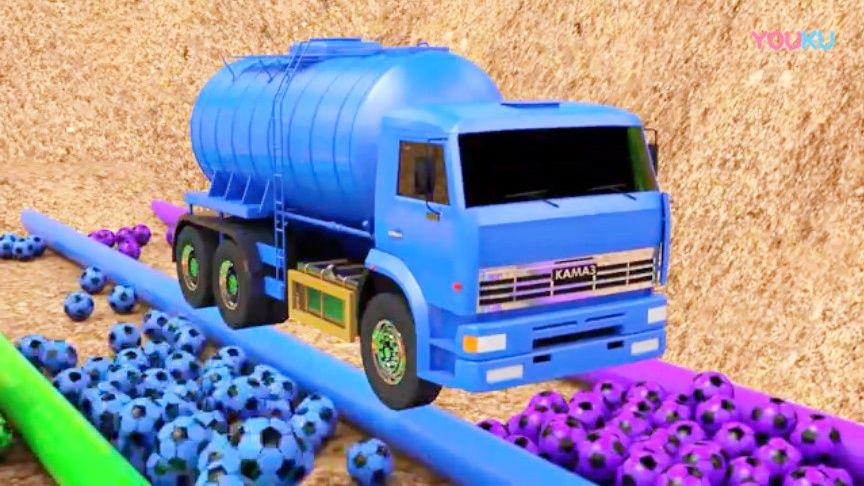 汽车动画:迷你工程车用彩色足球帮助小汽车染上漂亮的颜色