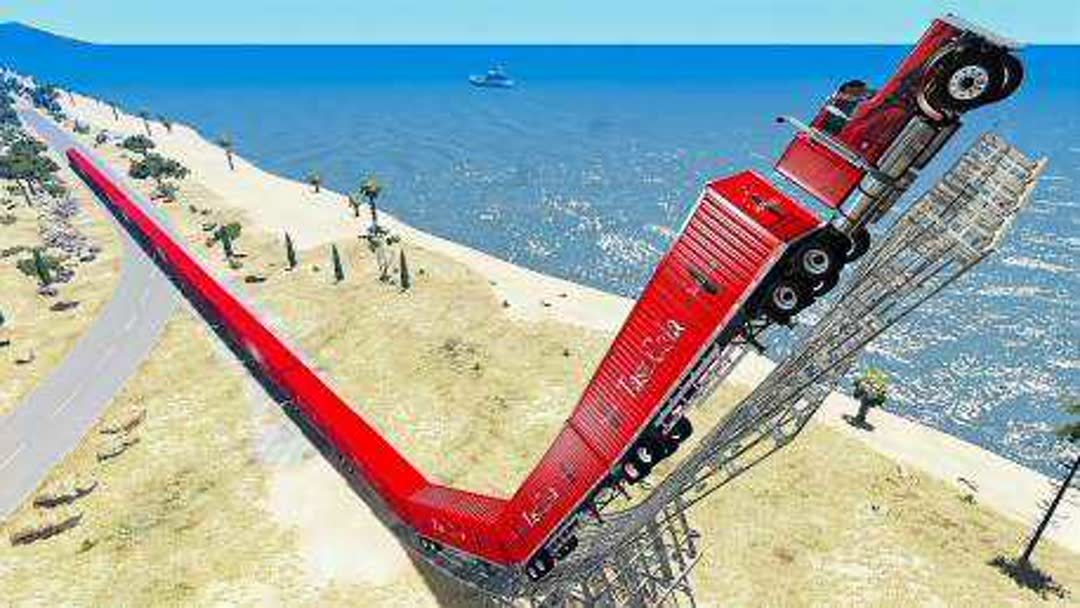 牛人3D动画模拟，超长货车究竟能不能飞过这大圆环？结果太硬核了