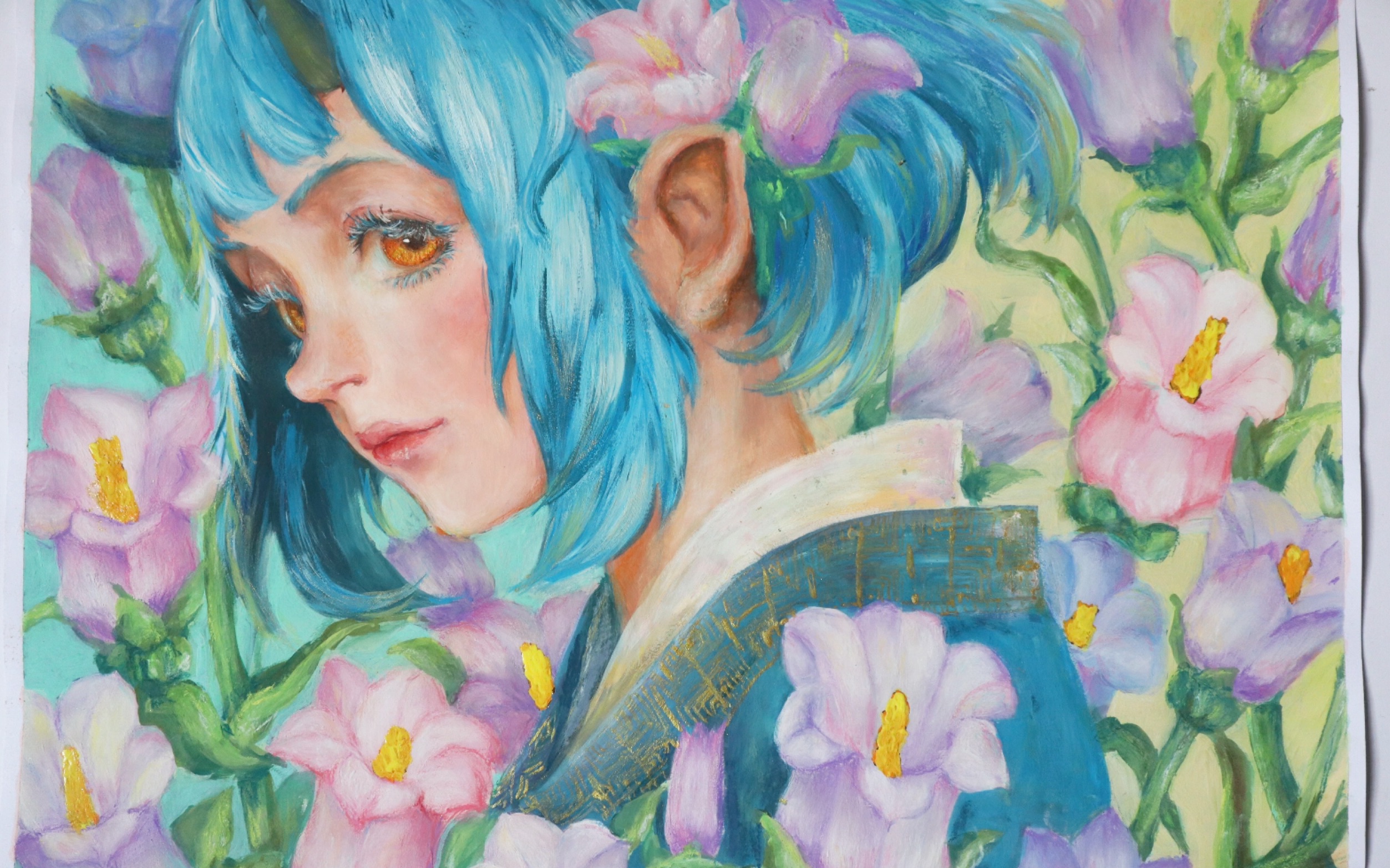 【水粉】临摹k大的一副画,风铃草蓝发少女,水粉手绘