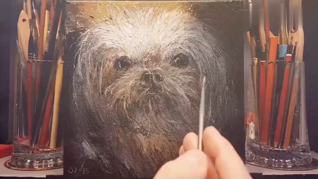 用刮刀技法画狗狗 ,能能画这么精细,中世纪贵族宠物的味道