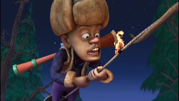 熊出没:光头强在树上“走钢丝”,不料绳子着火,光头强生无可恋