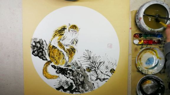 中国画零基础教程,动物篇。第7课猴子。小品创作:4完成图