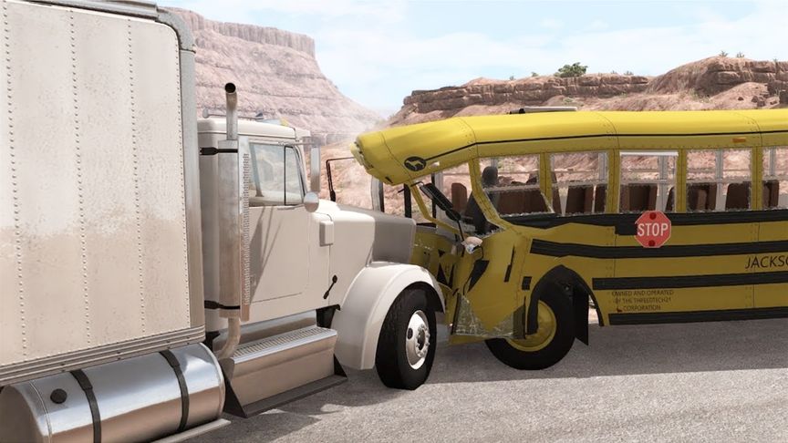 BeamNG:校车开足马力迎面冲向超载大货车,拟真车祸事故模拟