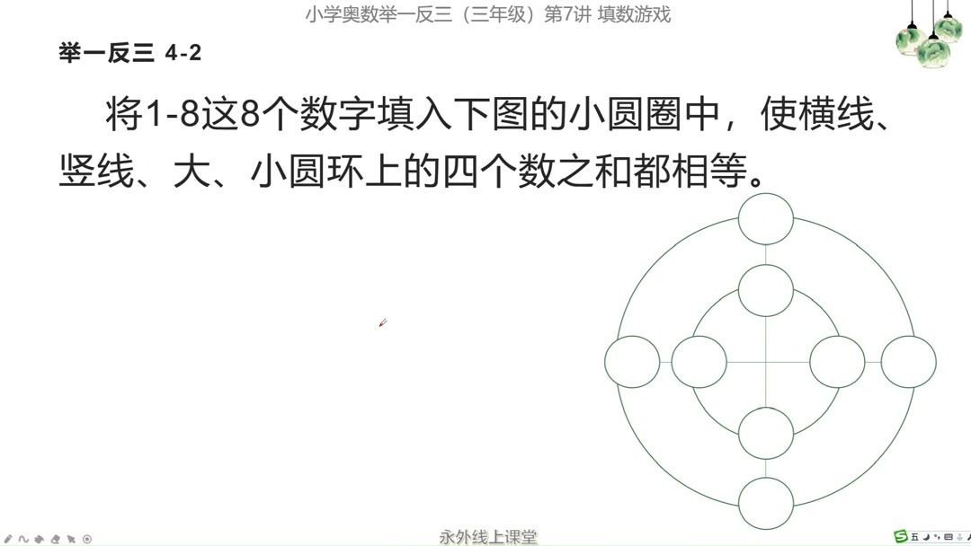 把1-8填入图中圆圈,使横线竖线及大小圆环上的四个数字之和相等