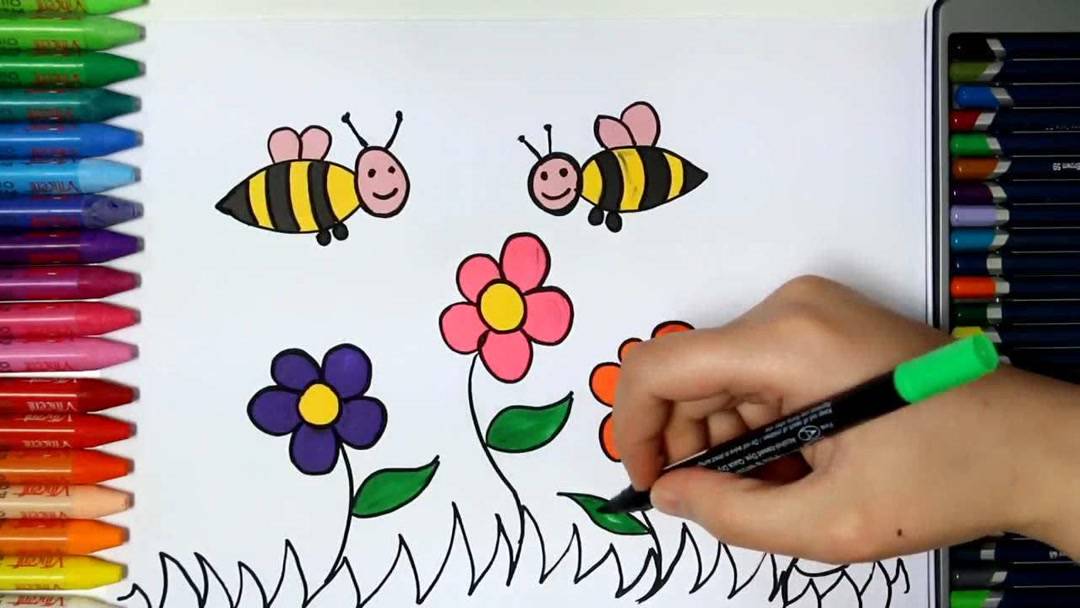 1-A1儿童绘画教学 简笔画-多彩小花丛-蜜蜂藤条 蜜蜂 彩色蝴蝶