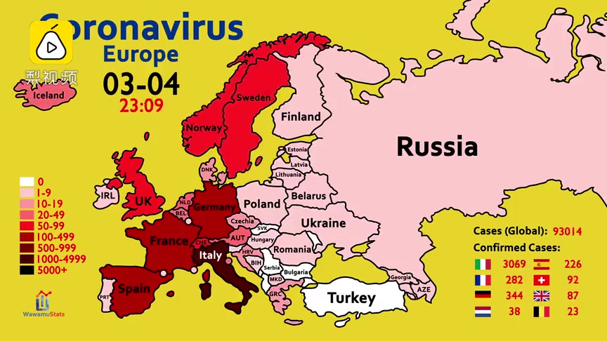 2月20日起爆发式增长!一分钟看新冠病毒如何在欧洲蔓延