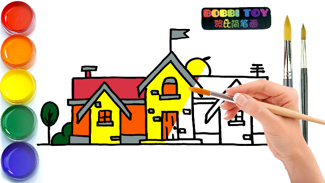 波比简笔画:教你画房子,认颜色学英语,儿童轻松学画画