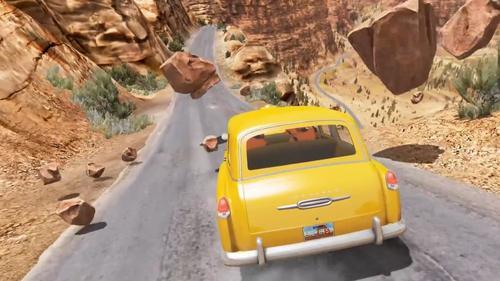 3D动画模拟汽车测试,遇到岩石崩塌会怎么样?画面太精彩了!