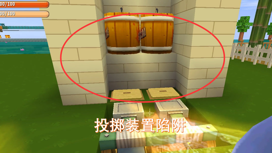迷你世界220:用投掷装置和炸药桶做的陷阱,让我上了天