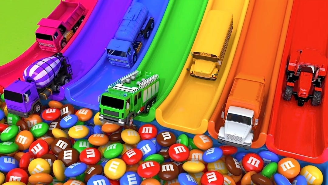 少儿工程卡通,消防车和翻斗车发现彩虹糖