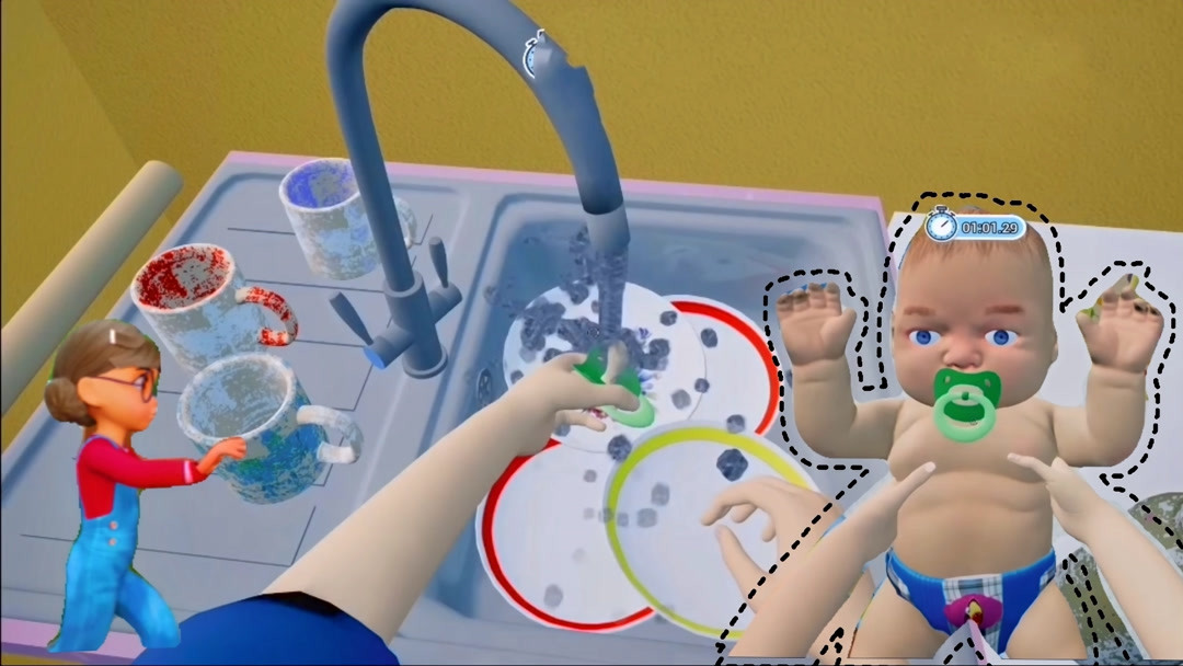 妈妈模拟器:新手妈妈帮宝宝洗澡,地上桌上全是垃圾没时间收拾