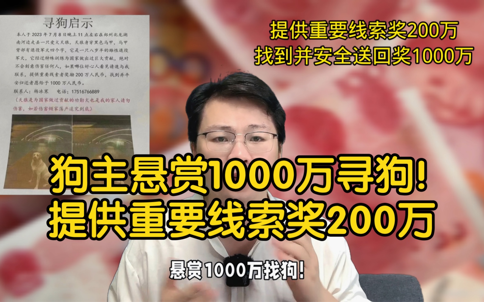 郑州狗主悬赏1000万寻狗!提供重要线索奖200万,是一只退役军犬